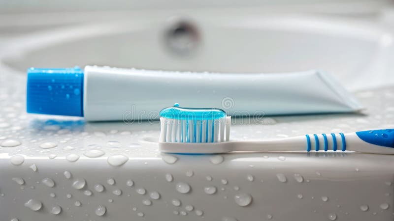 Hygiene Routine Closeup of Toothbrush and Toothpaste on Clean Sink in ...
