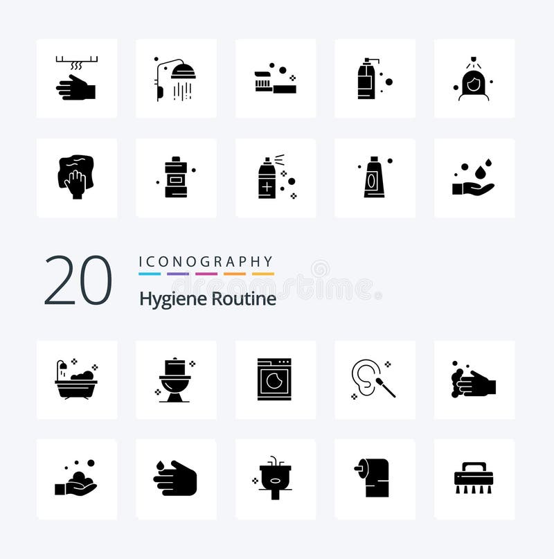 20 Hygiene Routine Solid Glyph Icon Pack Like Ear Clean Bathroom Wash ...