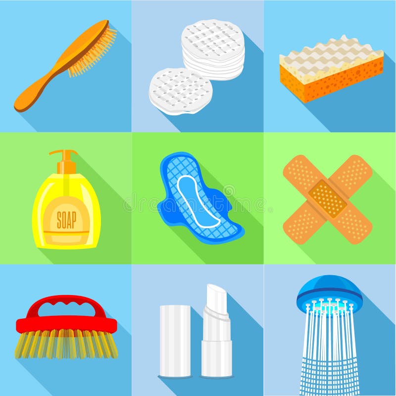 Hygiene Tools Icons Set, Flat Style Stock Vector - Illustration of bath ...