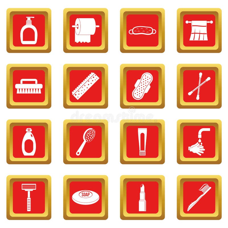 Hygiene Tools Icons Set Red Stock Vector - Illustration of cleaner ...