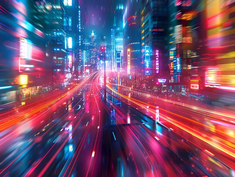 Hyper Detailed Abstract Cityscape with Vibrant Neon Lights and Blurred ...
