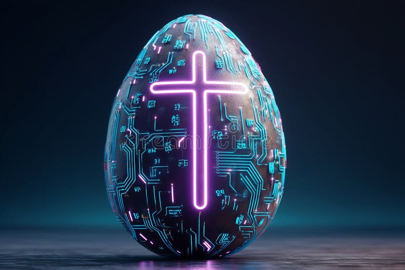 Glowing Cyber Easter Egg with Neon Circuits and Digital Messiah Symbol ...