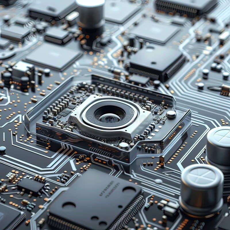 Hyper Detailed 3D Render: Close-Up of Computer Motherboard with Camera ...