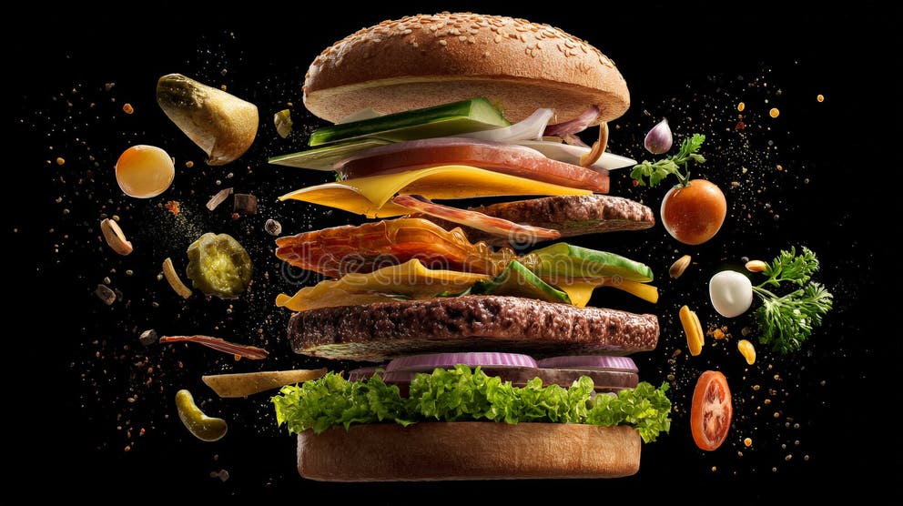 A Hyper-detailed Exploded View of a Modern Burger Showcasing All Typical Components. Generative ...