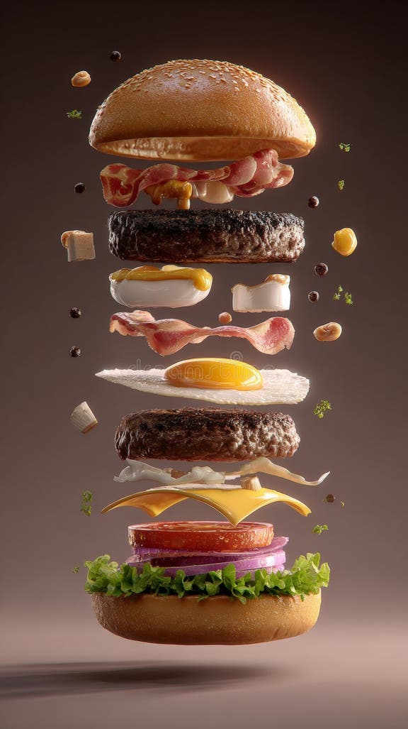 A Hyper-detailed Exploded View of a Modern Burger Showcasing All Typical Components. Generative ...