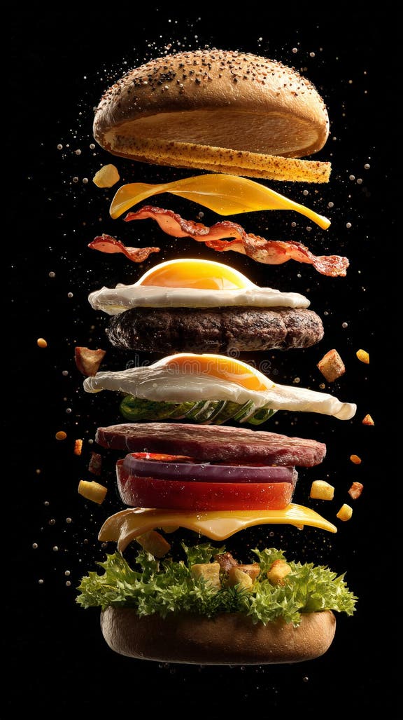 A Hyper-detailed Exploded View of a Modern Burger Showcasing All Typical Components. Generative ...