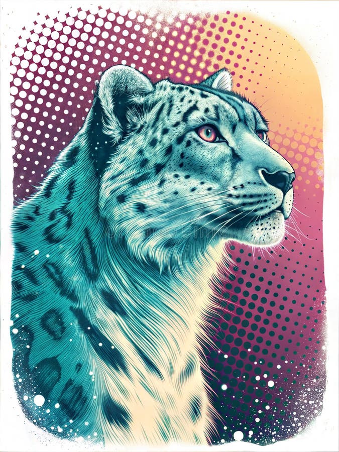 Vibrant Snow Leopard Illustration with a Retro Glitch Appeal in Bold ...