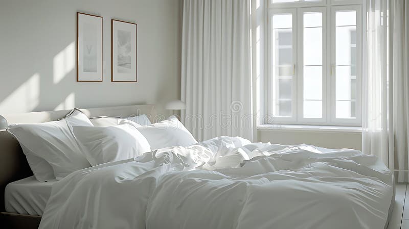 Hyper-detailed Image of a Simplistic Bedroom, White Sheets, No Clutter Stock Photo - Image of ...