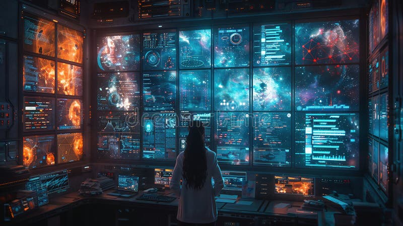 A Hyper-detailed Modern Workspace Filled with Holographic Screens ...