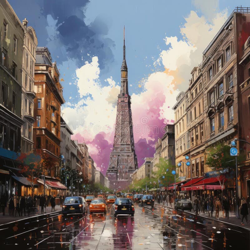 Hyper-detailed Painting of a Rainy City Scene Stock Illustration ...