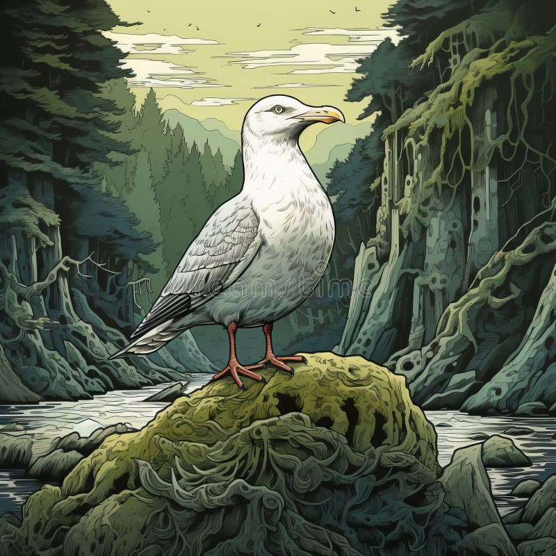 Hyper-detailed Seabird Illustration in Whistlerian Style Stock Image ...