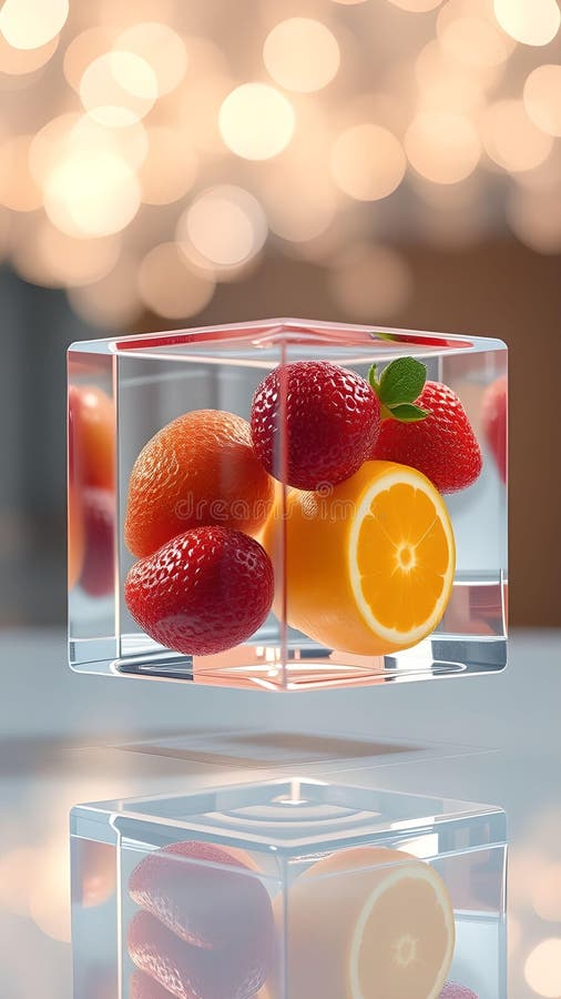 Hyper-Detailed Transparent Fruit Cube 3D Render: Crystal Clear ...