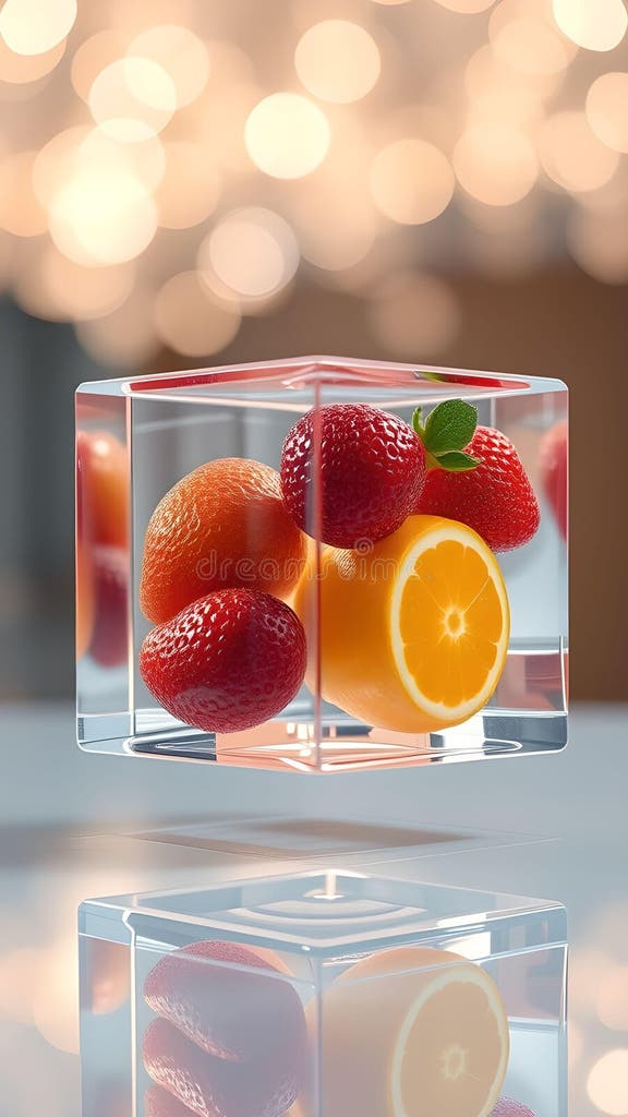 Hyper-Detailed Transparent Fruit Cube 3D Render: Crystal Clear ...