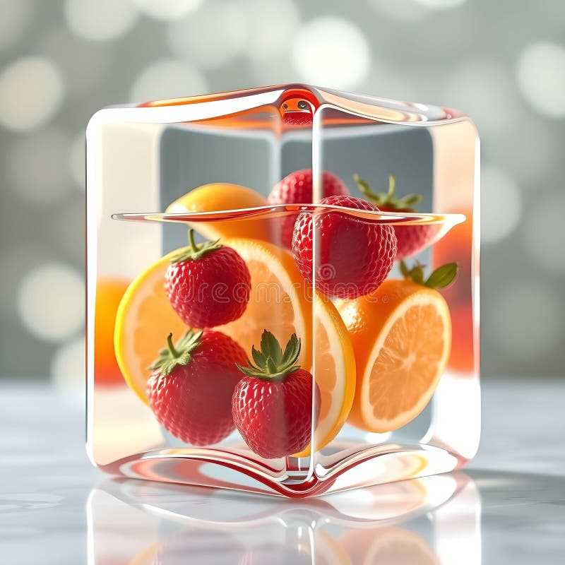 Hyper-Detailed Transparent Fruit Cube 3D Render: Crystal Clear ...
