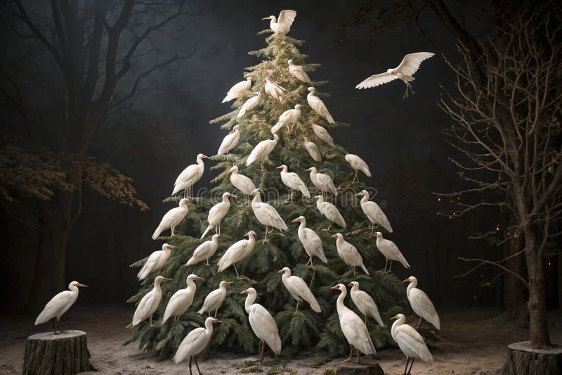Hyper-realism, Christmas Tree Made Entirely of White Birds, Surreal ...