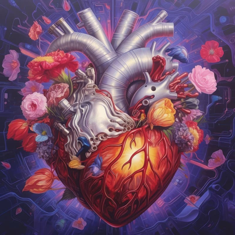 A Hyper Realist Heart with Flowers and Silver Tech Generative AI Stock ...