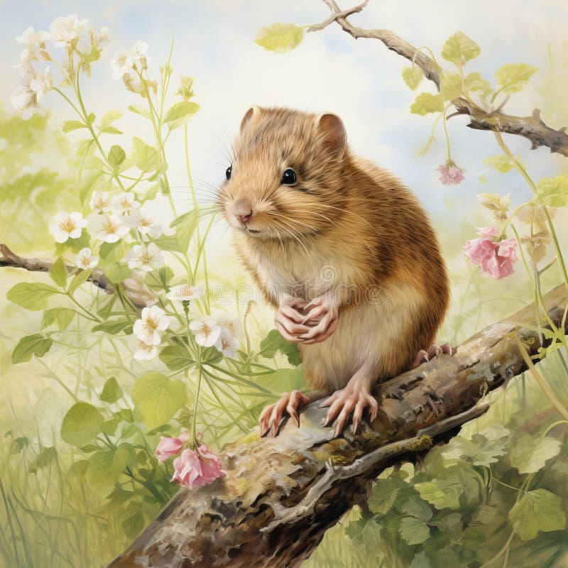 Hyper-realistic Animal Illustration: Charming Mouse on Branch Stock ...