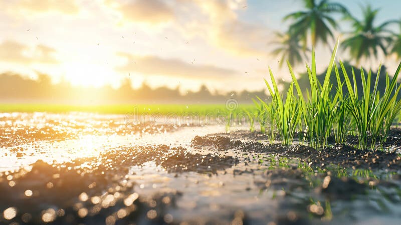 Lush Green Rice Paddy Field at Sunset Irrigation Agriculture AI ...