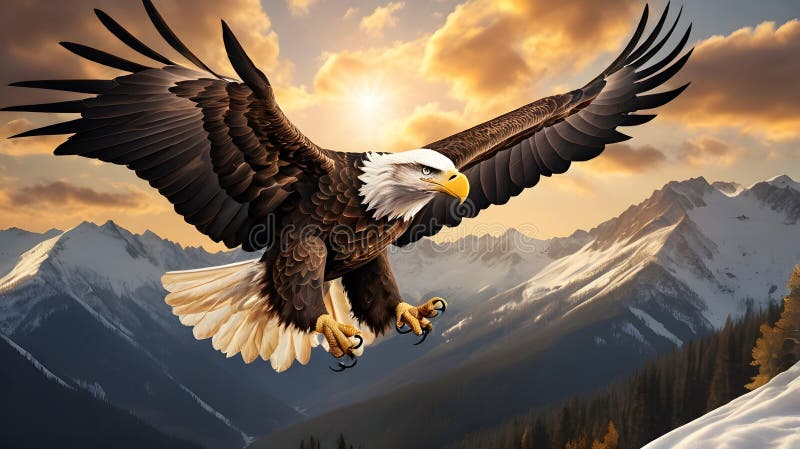 Hyper-Realistic Bald Eagle Soaring Over Snow-Capped Mountains at ...