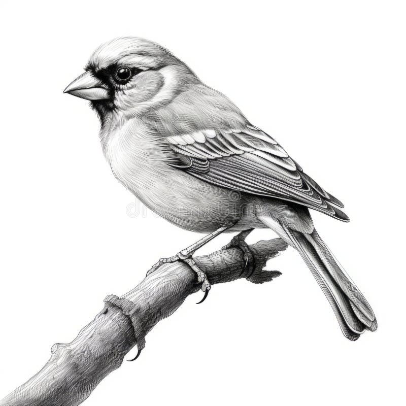 Hyper-realistic Black and White Bird Drawing Perched on Branch Stock ...