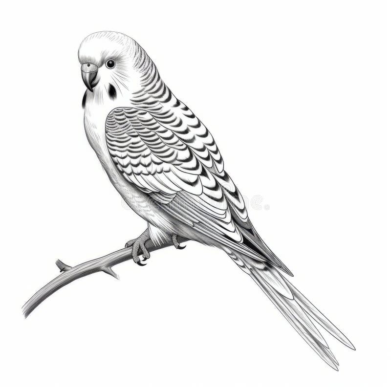 Hyper-realistic Black and White Budgie Drawing on Branch Stock ...