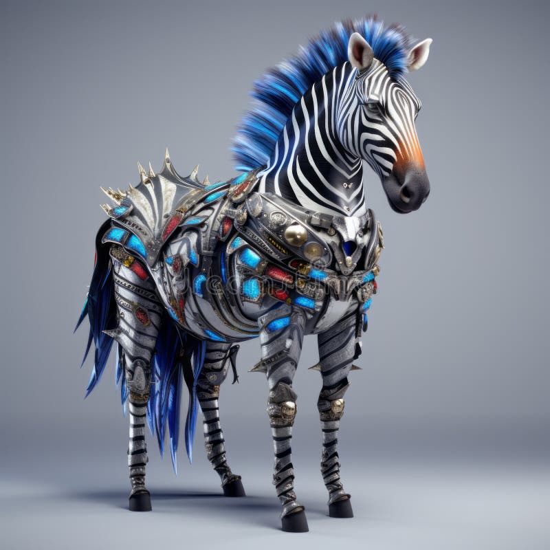 Hyper-realistic Blue Zebra with Armor: Playful Chromepunk Fashion ...