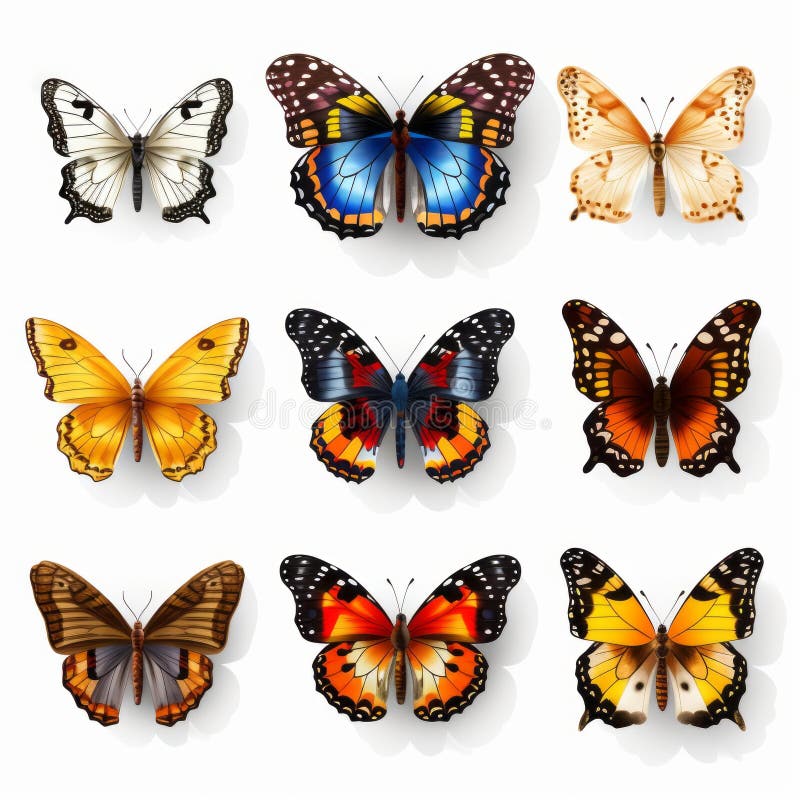 Hyper-realistic Butterfly Illustrations: Set of Different Types on ...