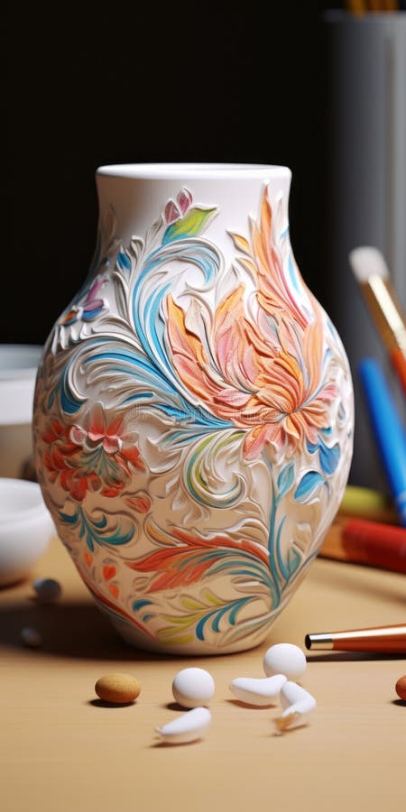 Hyper-realistic Ceramic Vase with Floral Pattern and Glitters Stock ...