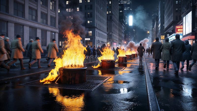 A Hyper Realistic City Street at Night Where Intense Flames Erupt Stock ...