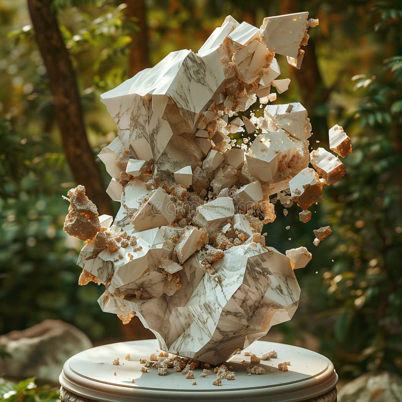 A Shattered Marble Sculpture Lies Amidst a Forest, Its Intricate Cracks ...