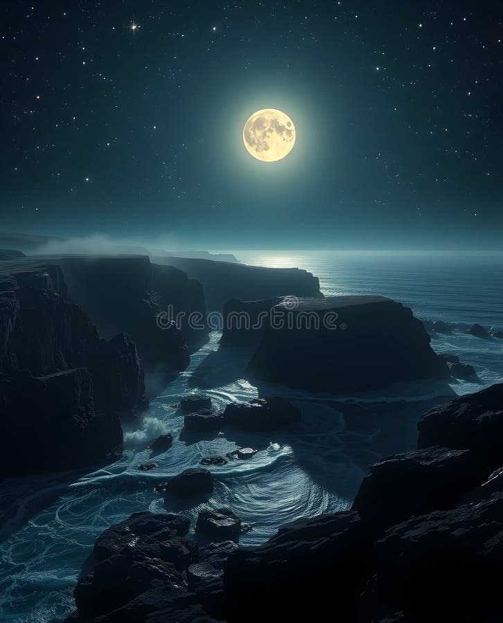 Moonlit Coastal Cliffs Under Stars in Breathtaking Detail. Stock ...