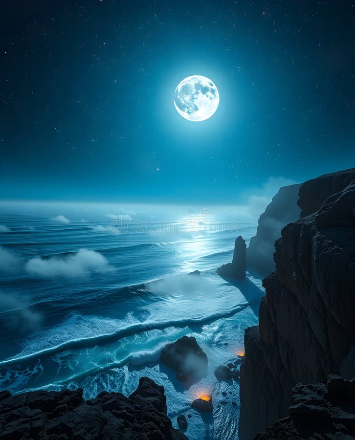 Moonlit Coastal Cliffs Under Stars in Breathtaking Detail. Stock ...