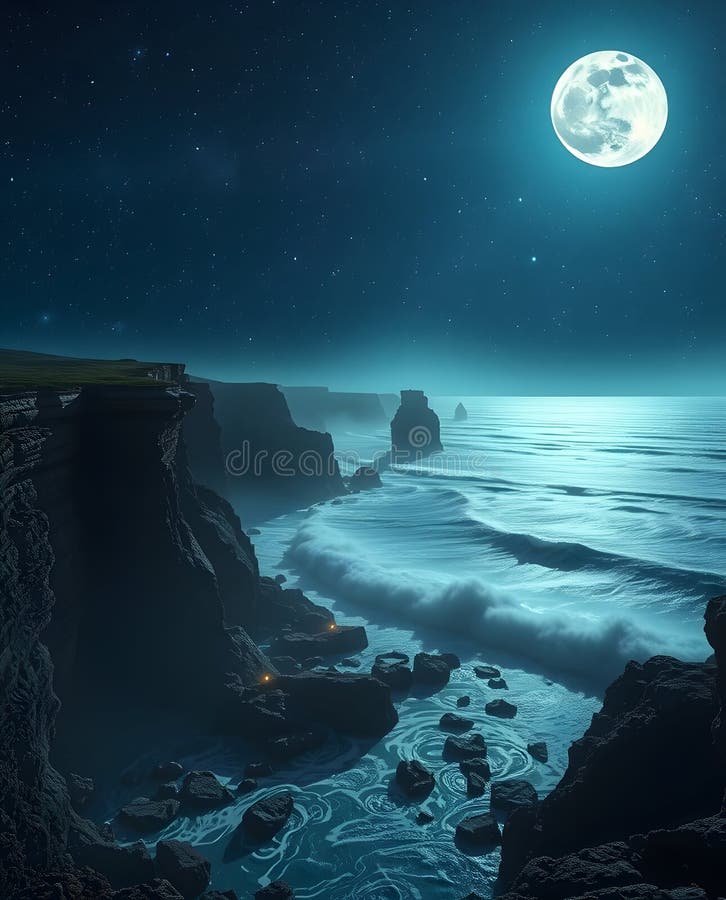 Moonlit Coastal Cliffs Under Stars in Breathtaking Detail. Stock ...