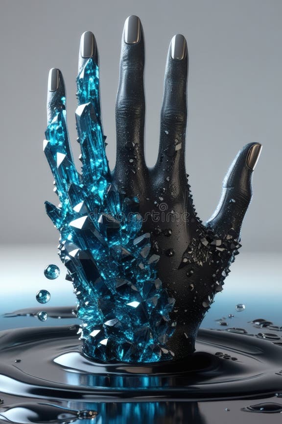 Crystallized Android Hand Emerging from Dark Liquid – Hyper-Realistic ...