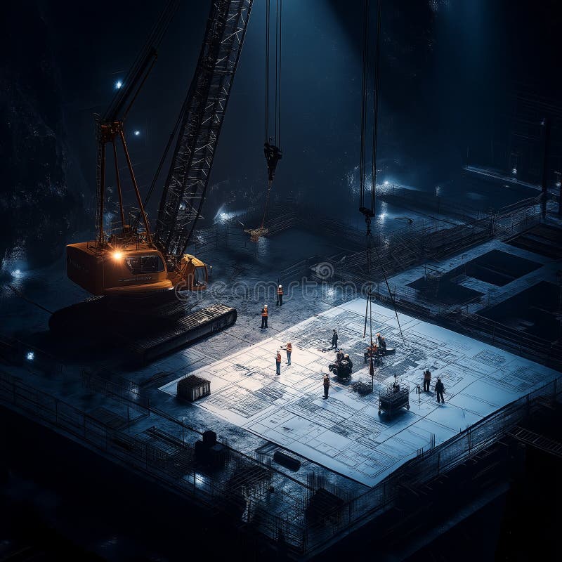 Hyper-Realistic Construction Site Advertisement with Blueprints and ...