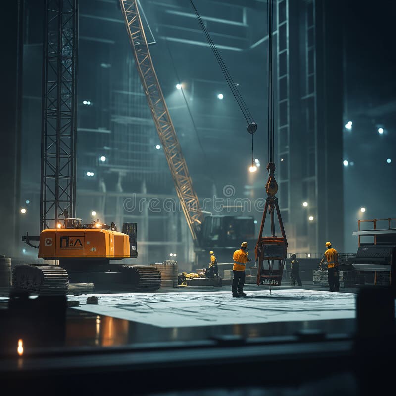 Hyper-Realistic Construction Site Advertisement with Blueprints and ...