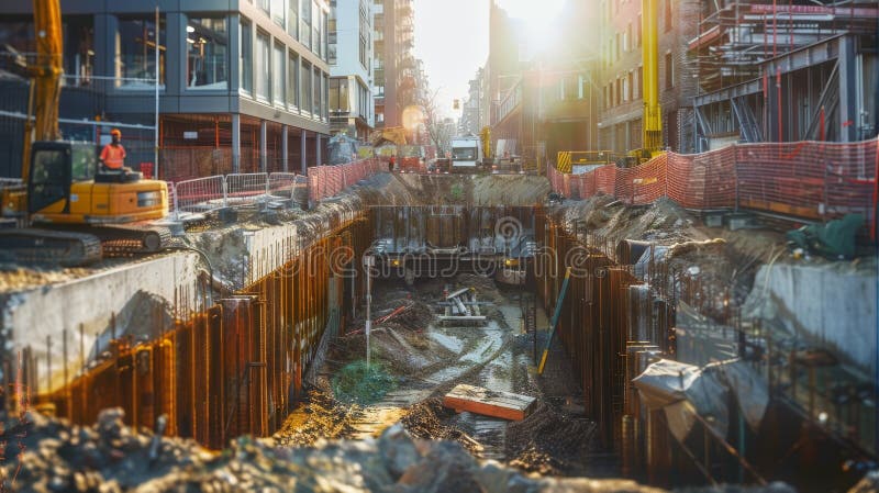 Hyper Realistic Construction Site Photo Featuring an Open Trench Under ...