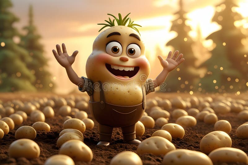 Joyful 3D Cartoon Potato Character in Sunrise Field – Hyper Realistic AI Illustration Stock ...