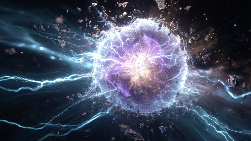 Atomic Explosion with Lightning Discharge and Crystal Debris Flying ...