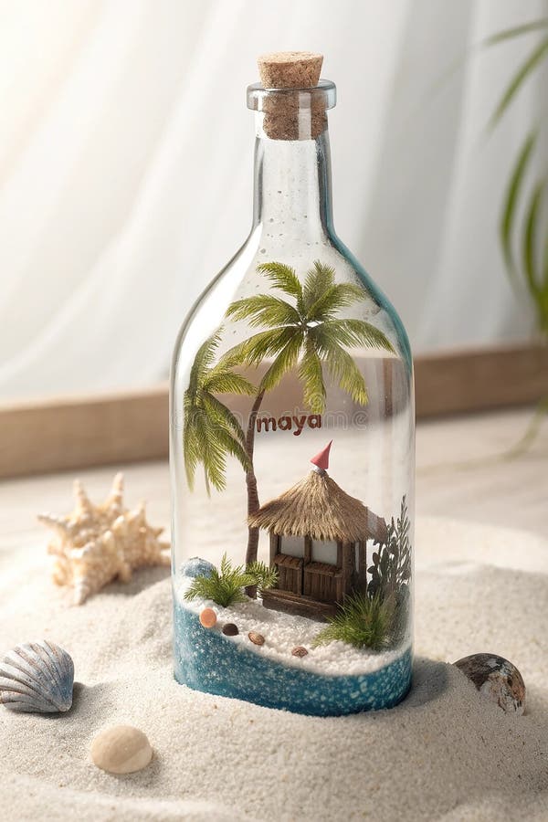 Hyper-realistic 3D Render of a Tropical Paradise Inside a Glass Bottle Isolated on a White ...