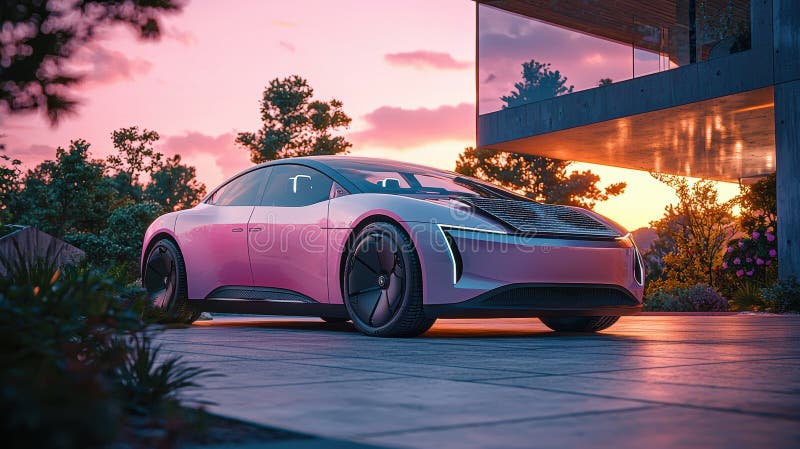 Pink Electric Car at Sunset, Modern Architecture Stock Illustration ...
