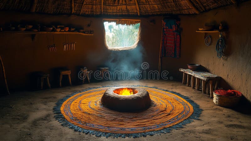 Traditional Hut Interior with Central Fire Pit Stock Illustration ...