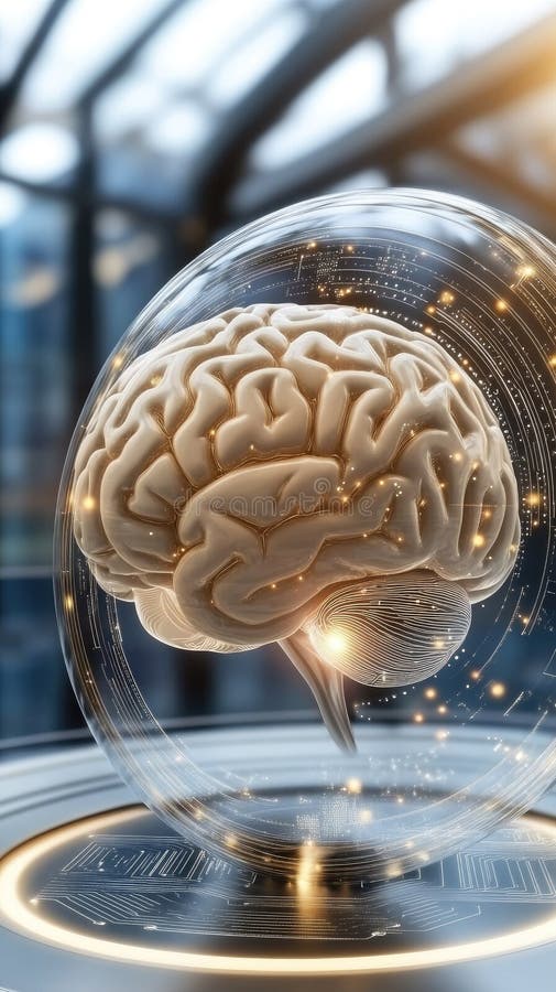 A Hyper-realistic Digital Brain Illuminated by Glowing Lights on a ...