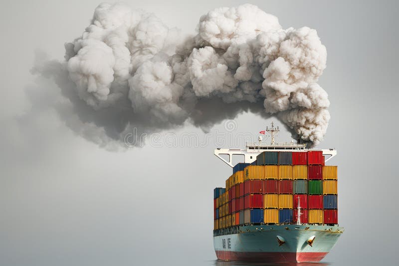 Hyper Realistic Digital Rendering of Cargo Ship Emitting Smoke on Calm ...