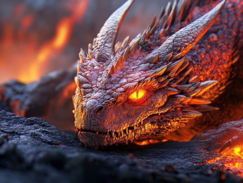 Hyper Realistic Dragon Emerging from Volcanic Crater Stock Illustration ...
