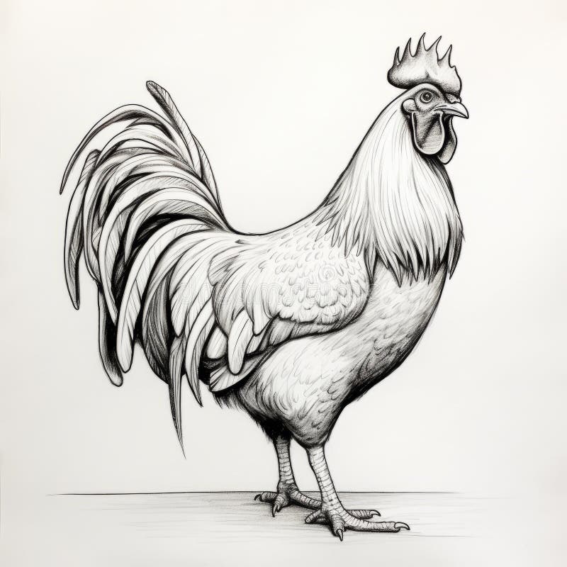 Realistic Black and White Rooster Drawing on White Background Stock ...