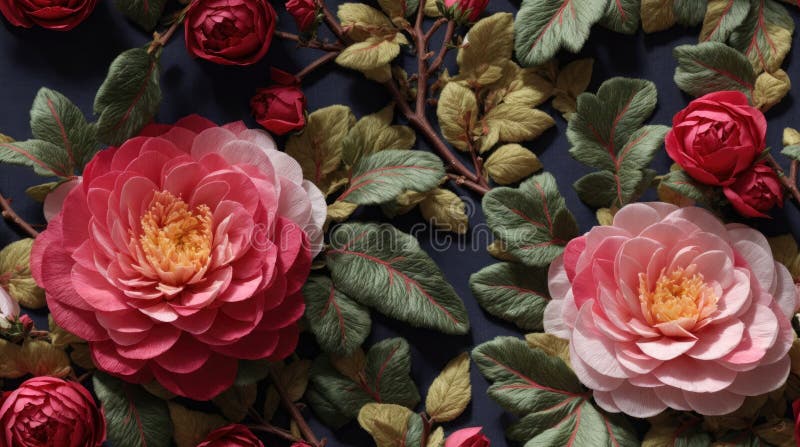 Hyper Realistic Embroidery Camellia Rose Flowers Background Stock ...