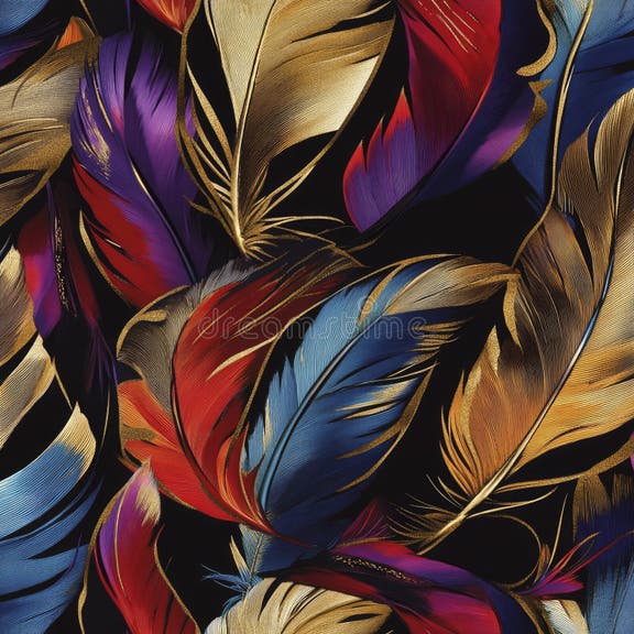 Hyper-Realistic Feather Print in Black and Gold and Red Stock ...