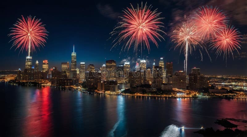 Hyper-Realistic Fireworks Over City Skyline Reflected in Water on ...