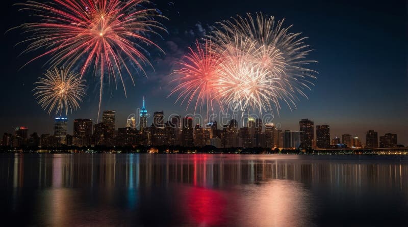 Hyper-Realistic Fireworks Over City Skyline Reflected in Water on ...